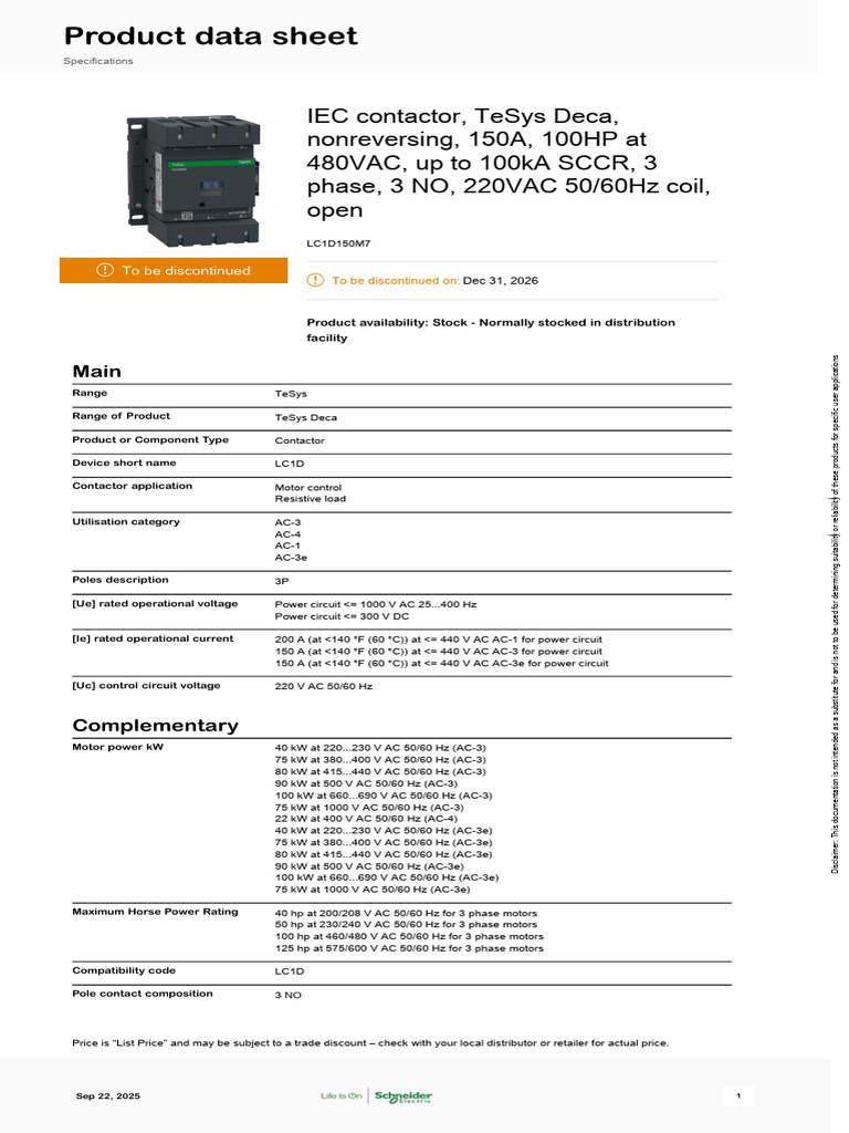 Schneider Electric TeSys-Deca-Contactors LC1D150M7 | PDF | Electrical ...