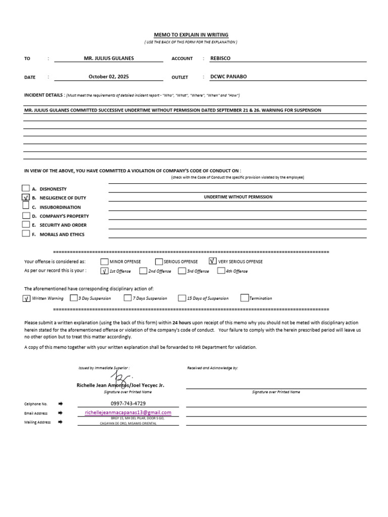 Memo for Employee Disciplinary Action | PDF