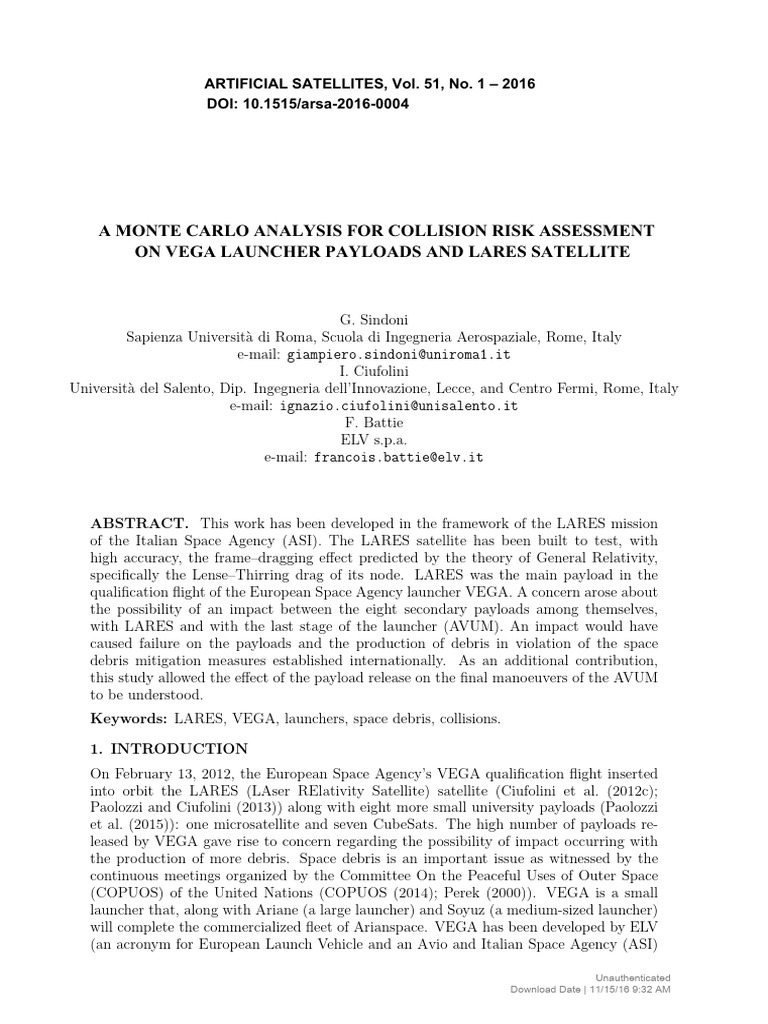 A Monte Carlo Analysis of Collision Risk Assessment For Vega Missions ...