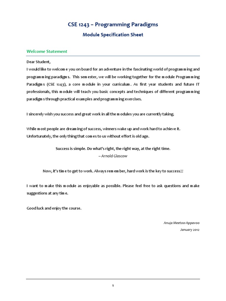 CSE 1243 - Module Specification Sheet-1 | PDF | Programming Paradigms ...