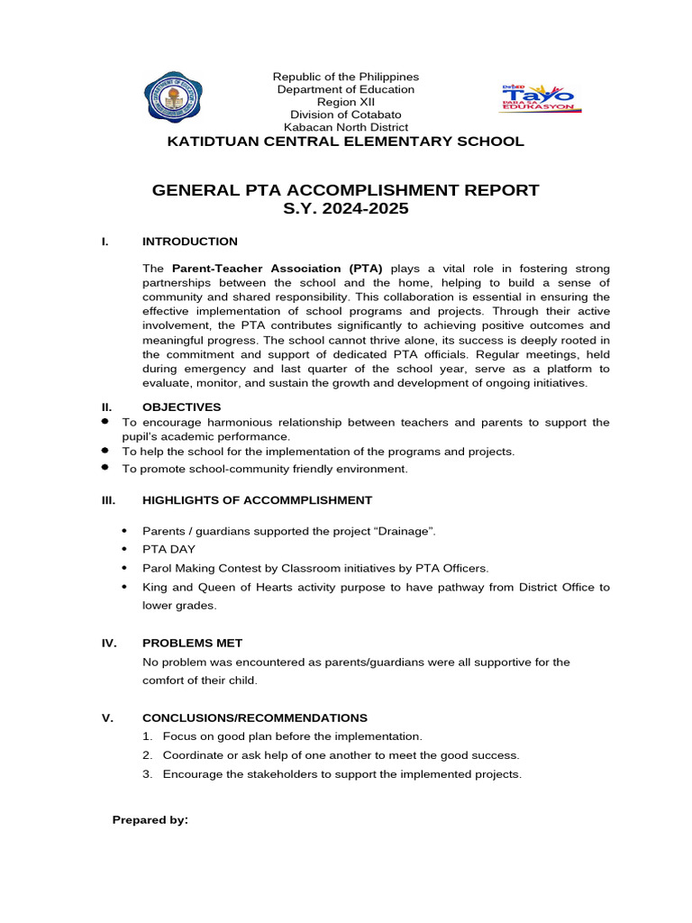 Katidtuang Central School PTA Report 2024-2025 | PDF