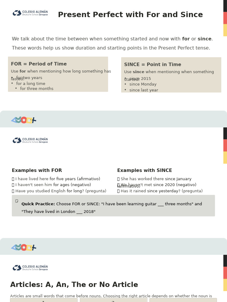 Present Perfect: For vs. Since Explained | PDF | Noun | Plural