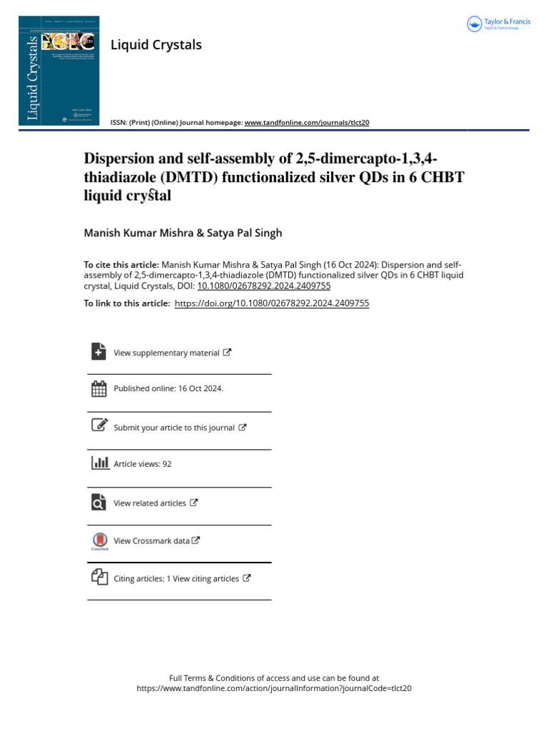 Dispersion and Self-Assembly of 2 5-Dimercapto-1 3 4-Thiadiazole DMTD ...
