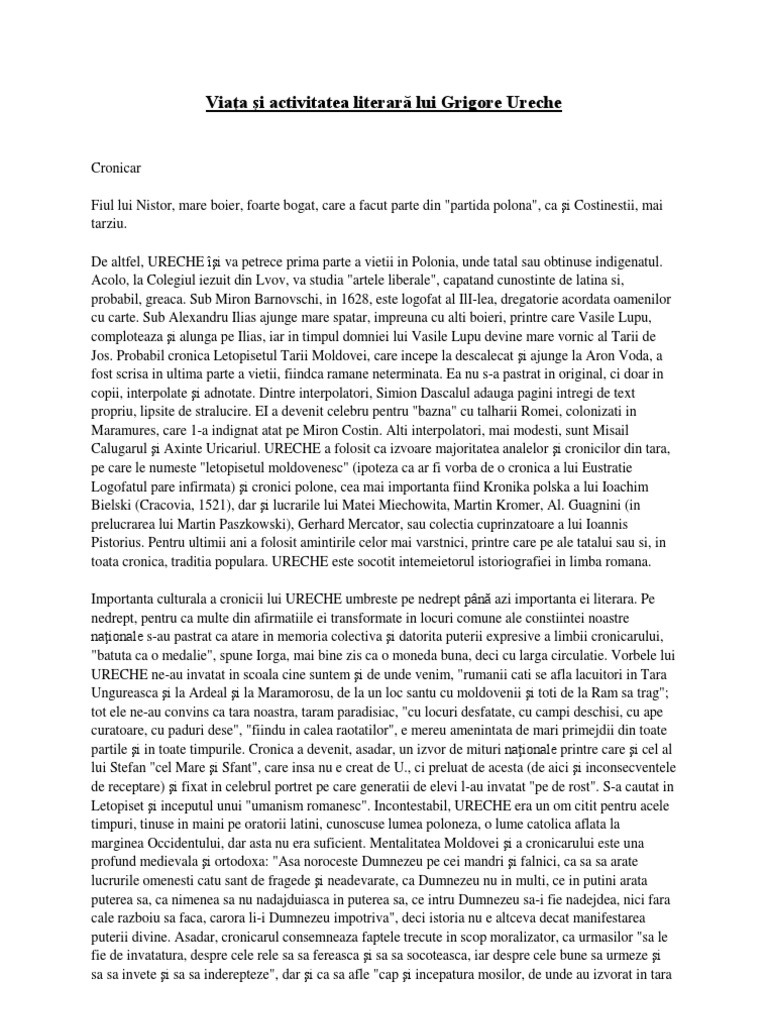 Viaţa Şi Activitatea Literară Lui Grigore Ureche | PDF
