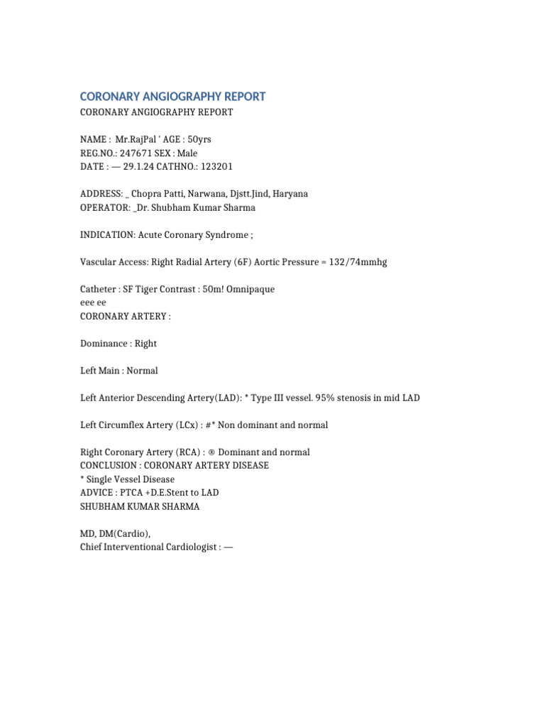 Coronary Angiography Report | PDF