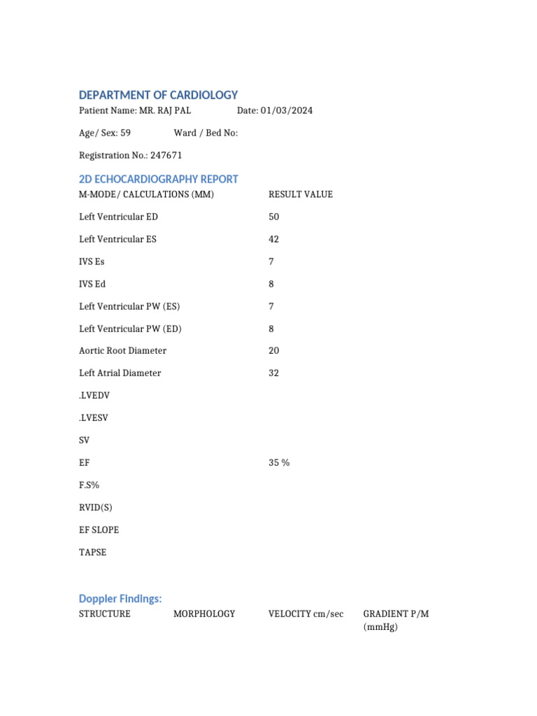 2D Echocardiography Report for CAD | PDF