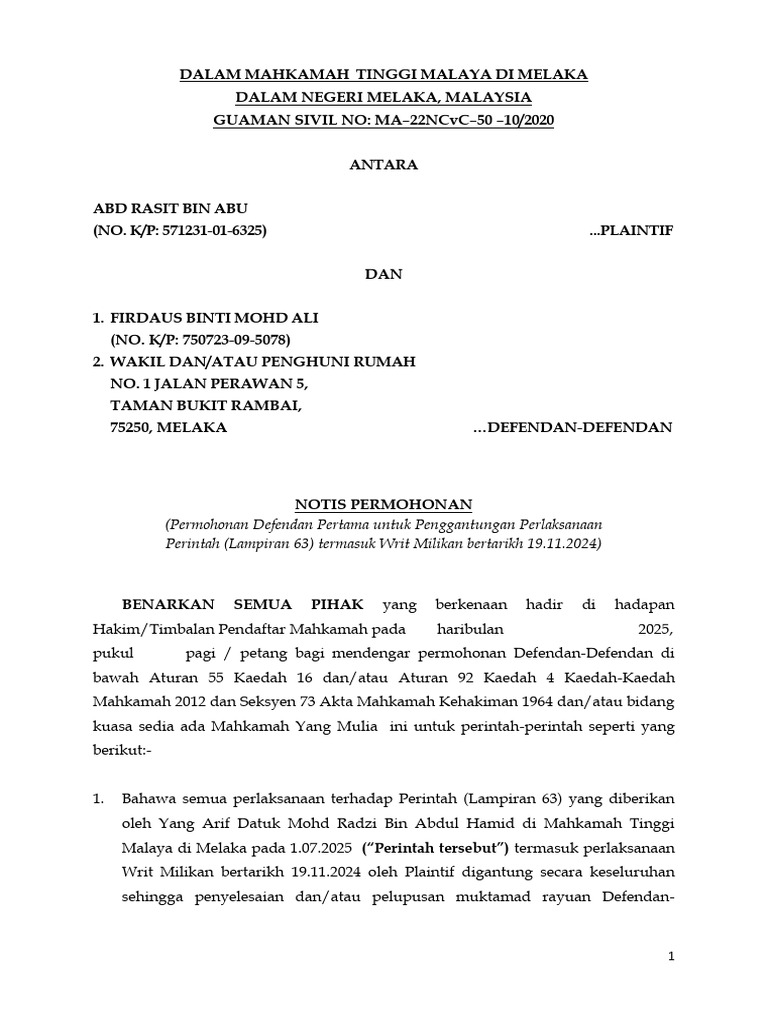 Notis Permohonan Stay Execution | PDF