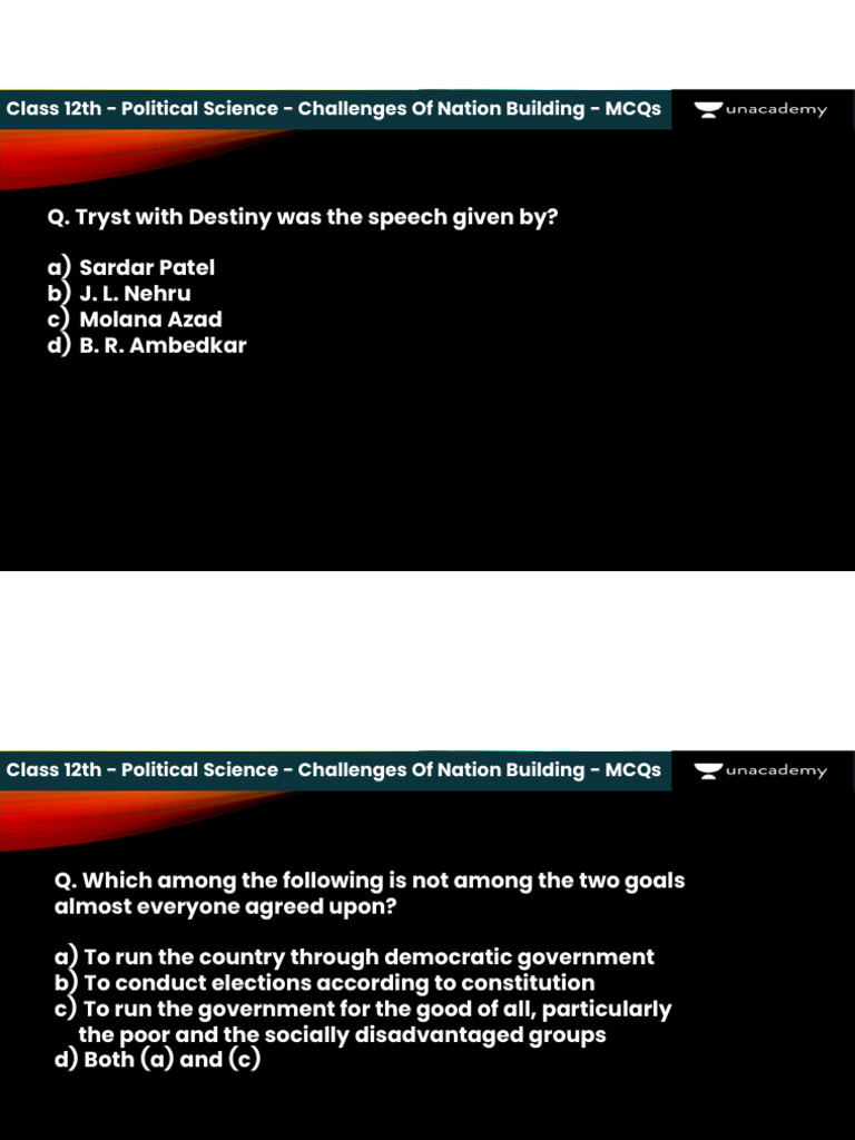 Class 12 Political Science MCQs on Nation Building | PDF | Politics Of ...