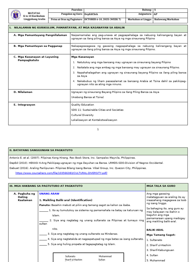 AP 5 Matatag DLL - q2 - w7 | PDF