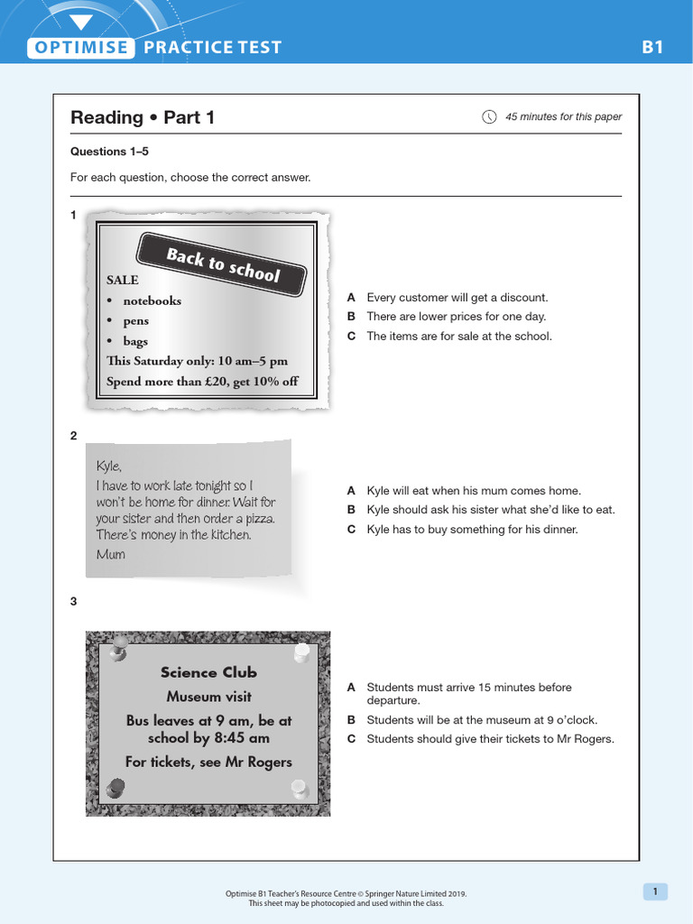 B1 Reading Practice Test Questions | PDF