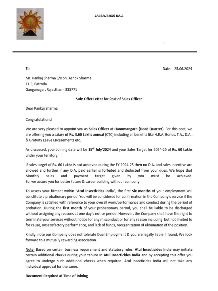 Sales Officer Offer Letter - Atul Insecticides | PDF | Business
