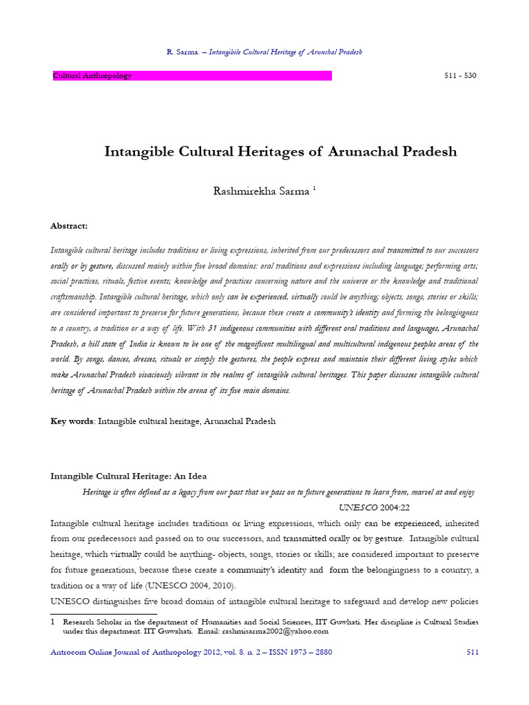 Intangible Cultural Heritage of Arunachal Pradesh | PDF