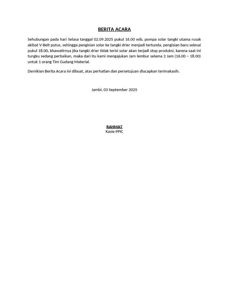 Permohonan Jam Lembur Tim Gudang | PDF