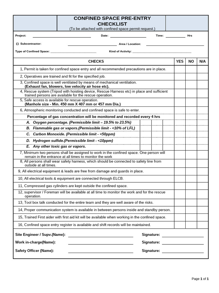 Confined Space Pre-Entry Checklist | PDF | Safety | Occupational Safety ...