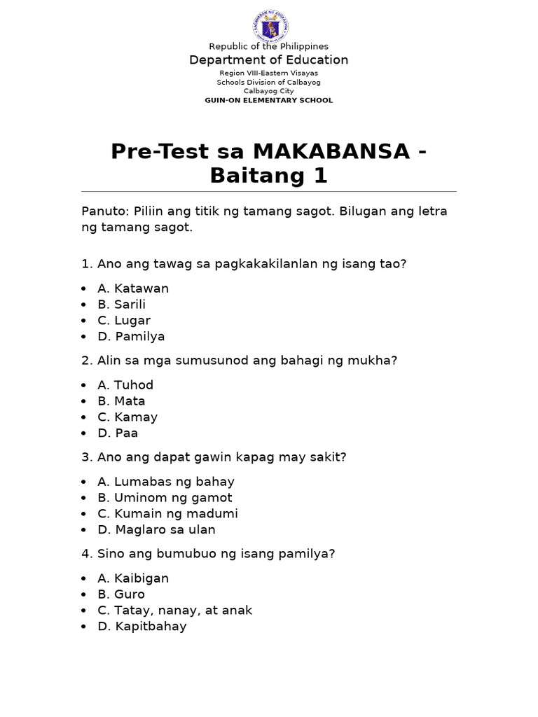 Makabansa Grade1 PreTest DepEdClick | PDF