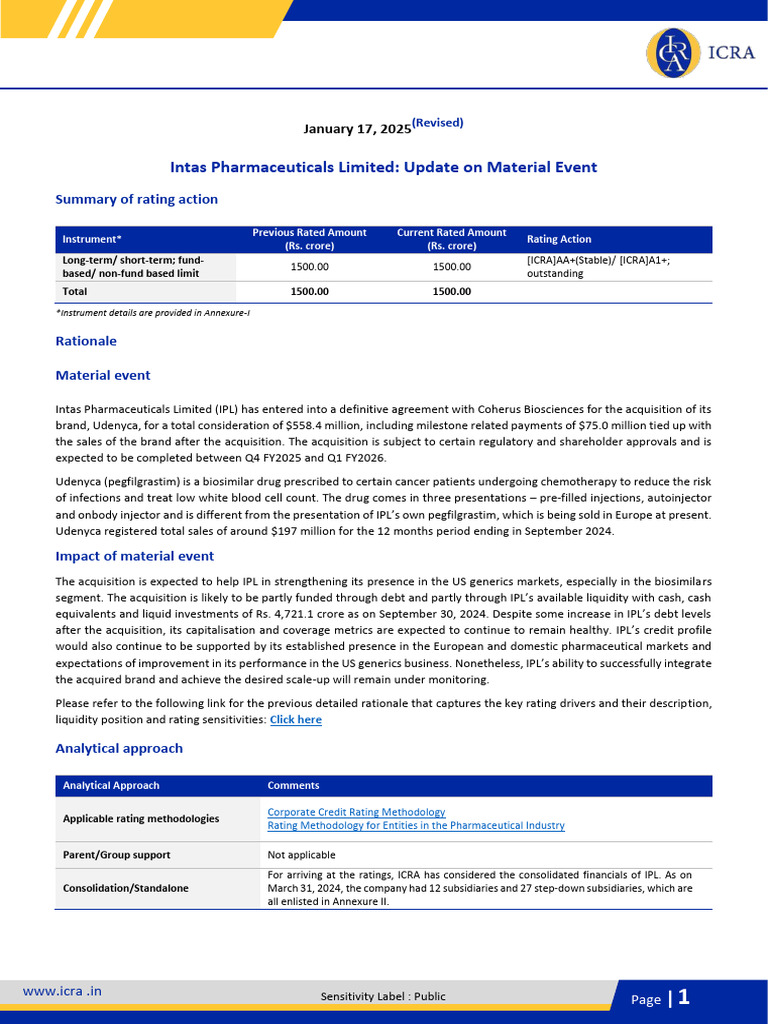Intas Pharmaceuticals Limited | PDF | Credit Rating Agency | Generic Drug