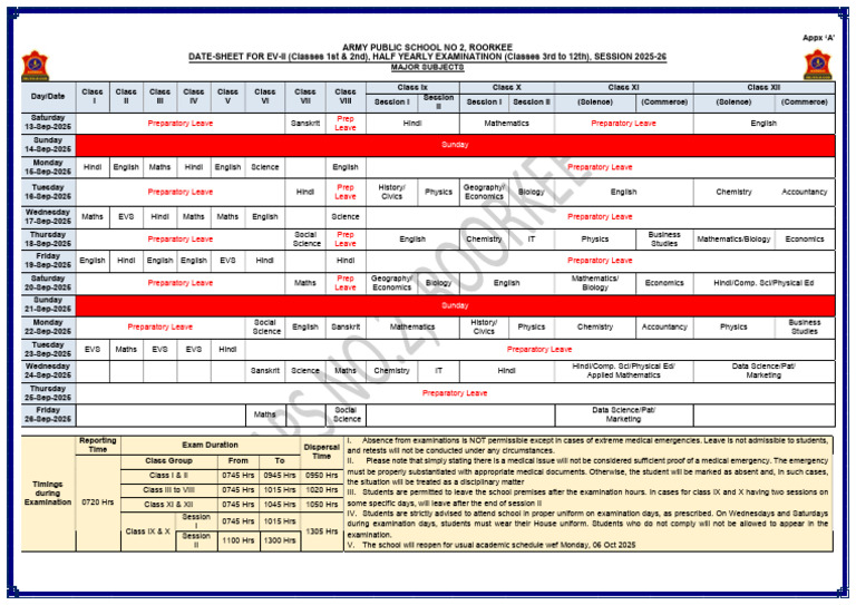 Date Sheet EV II (1 To 2), HY Examiantion (CL 3 To 12) Sep 2025 | PDF
