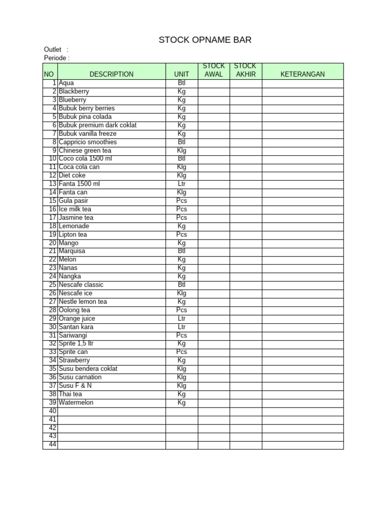 Stock Opname Bar Inventory List | PDF