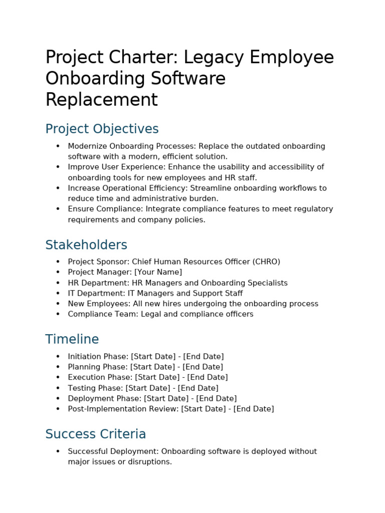 Project Charter Legacy Employee Onboarding Software Replacem | PDF ...