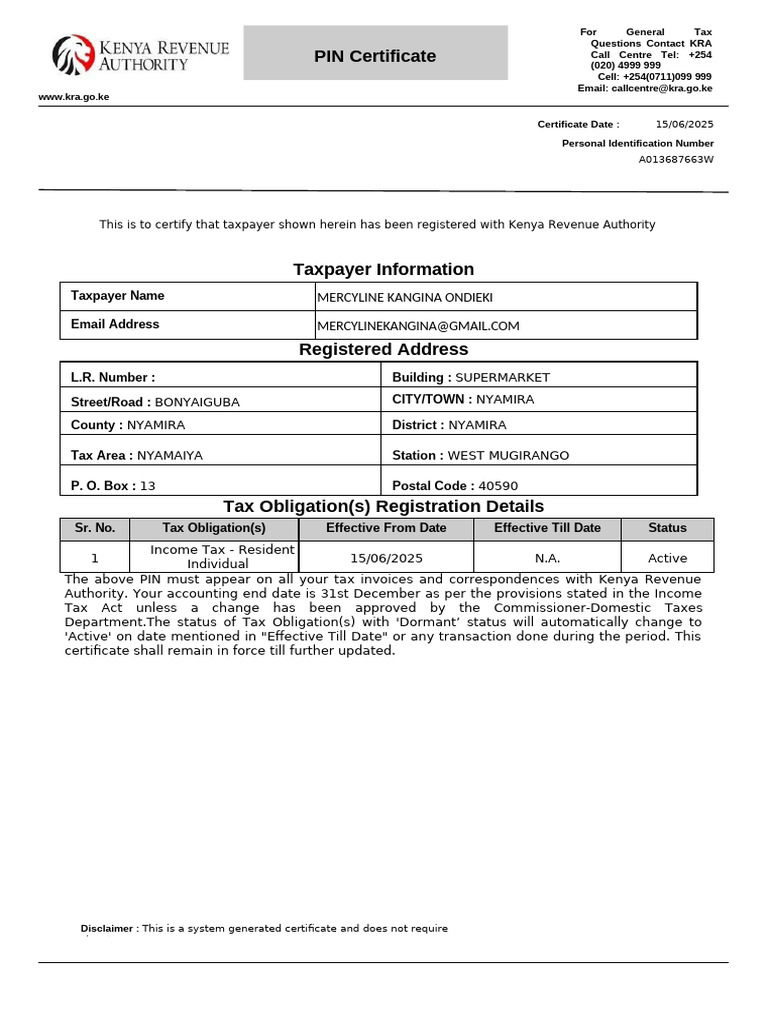 Kenya Revenue Authority Tax Certificate | PDF | Taxes | Public Finance