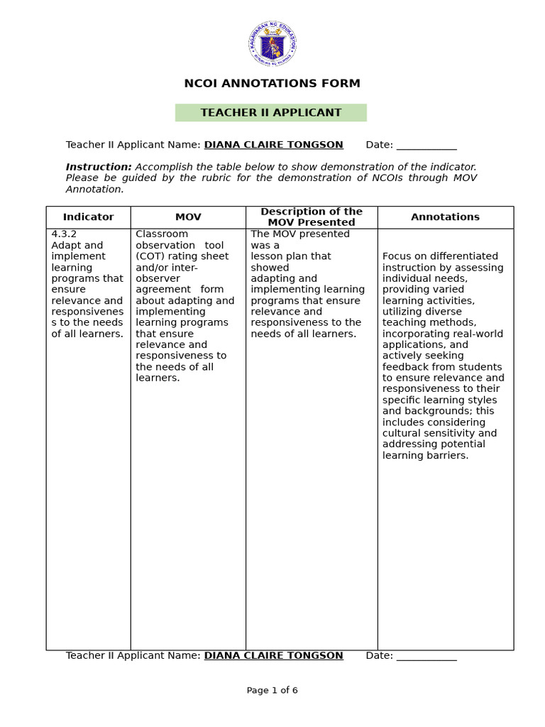 NCOI-Annotations-Form-for-Teacher-II-Applicant | PDF | Lesson Plan | Teachers