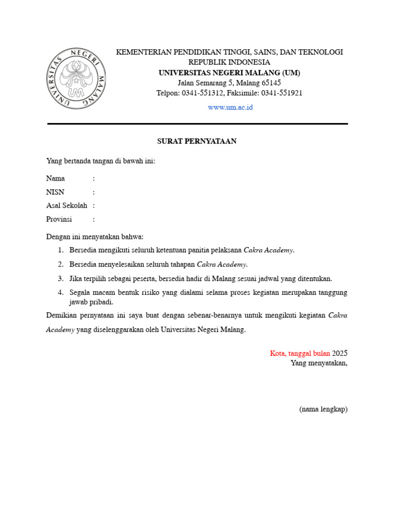 Surat Pernyataan Cakra Academy UM | PDF