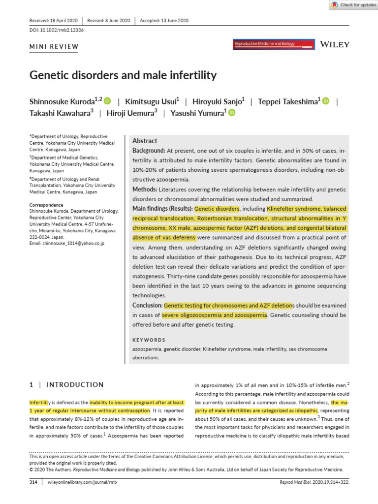 Reprod Medicine Biology 2020 Kuroda Genetic Disorders and Male ...