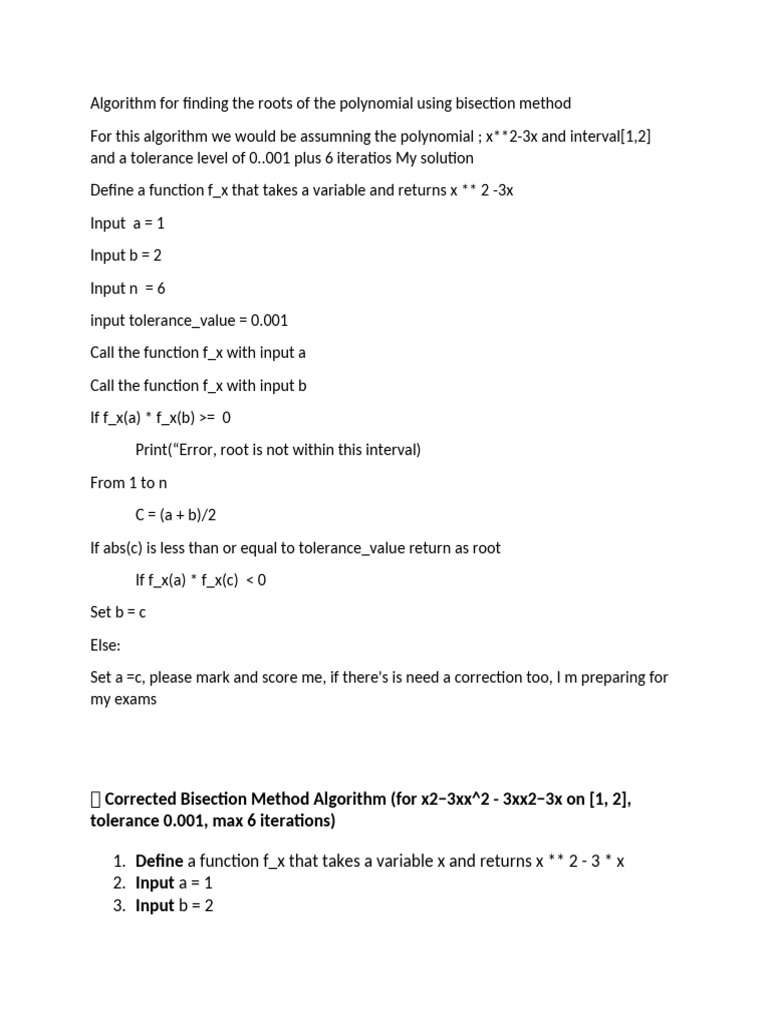Algorithm For Finding The Roots of The Polynomial Using Bisection | PDF ...