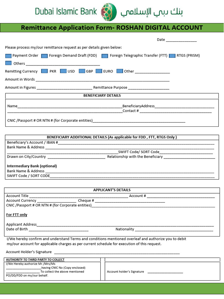 Remittance Form for Roshan Account | PDF | Payments | Islamic Banking ...