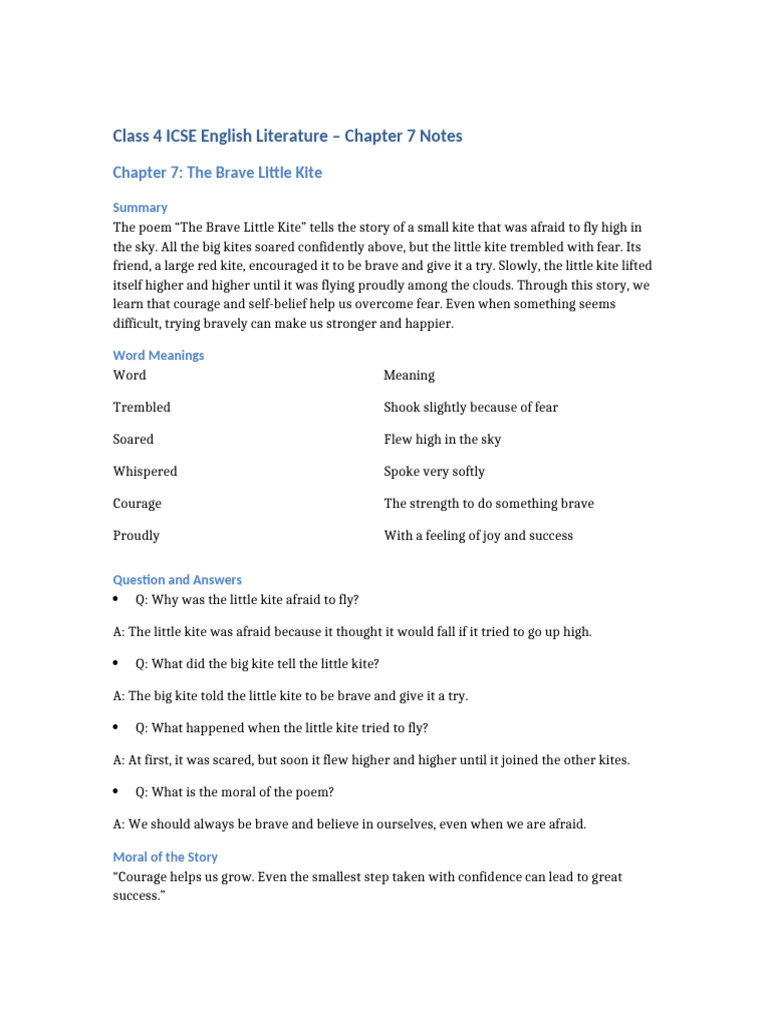 Class 4 ICSE English Literature Chapter 7 Notes | PDF