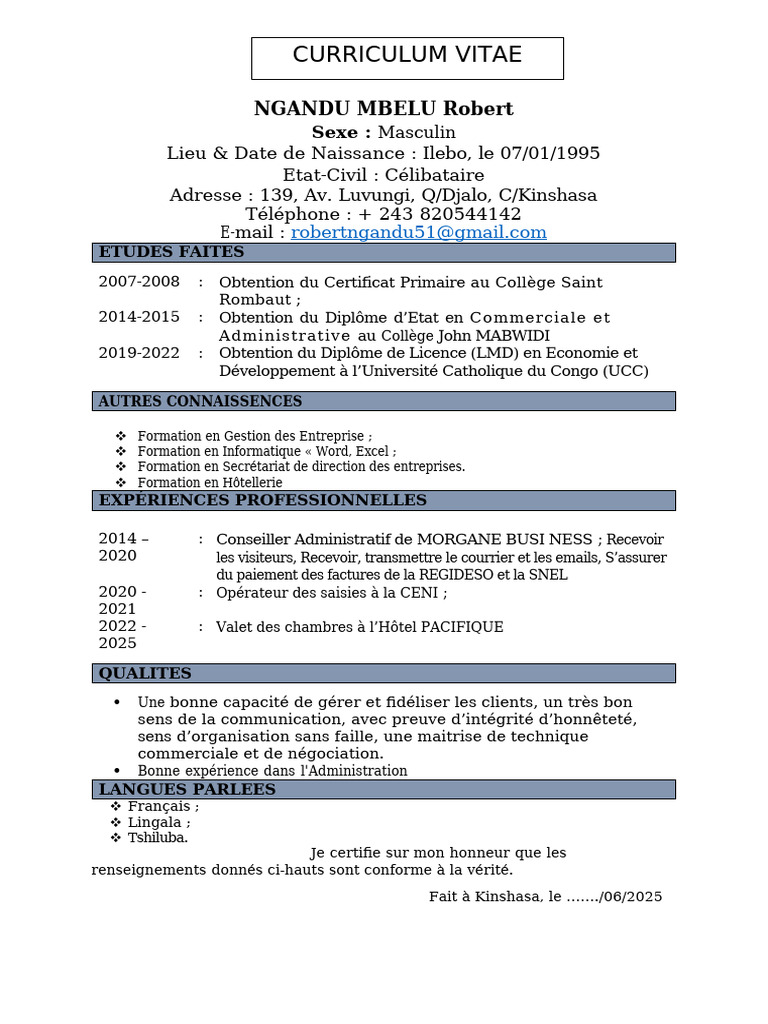 CV de Robert Ngandu Mbelu | PDF