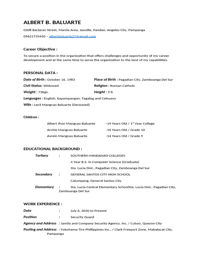 Albert B. Baluarte Resume Summary | PDF | Philippines
