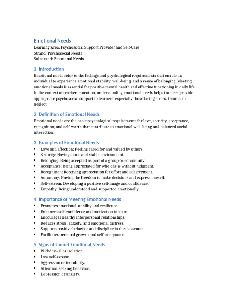 Emotional Needs Complete With Recognition | PDF | Psychological ...