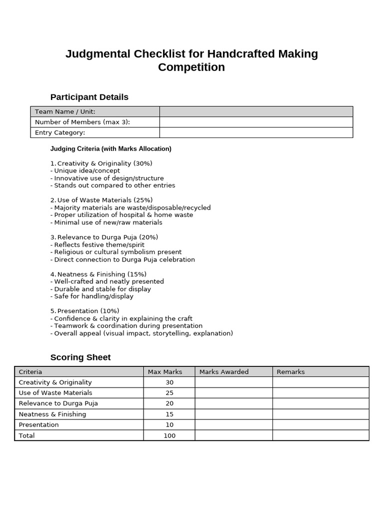 Judgmental Checklist Handcrafted Competition | PDF