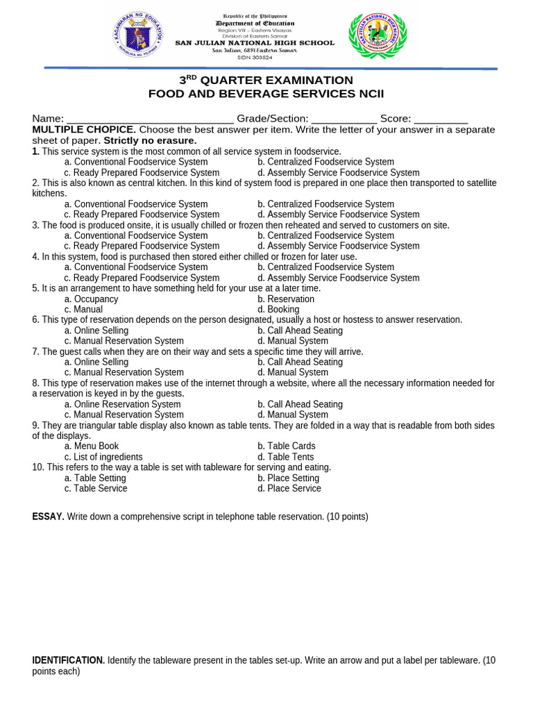 Food and Beverage Services Exam NCII | PDF | Foodservice