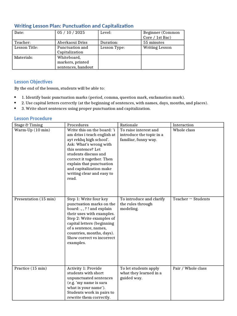 Writing Lesson Plan Punctuation and Capitalization Driss Aberkaoui ...