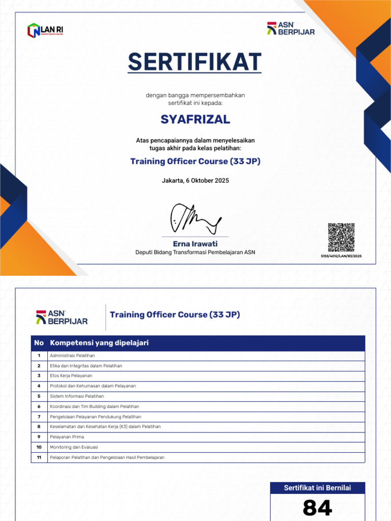 Sertifikat - Kelas Training Officer Course (33 JP) - SYAFRIZAL, S.PD | PDF