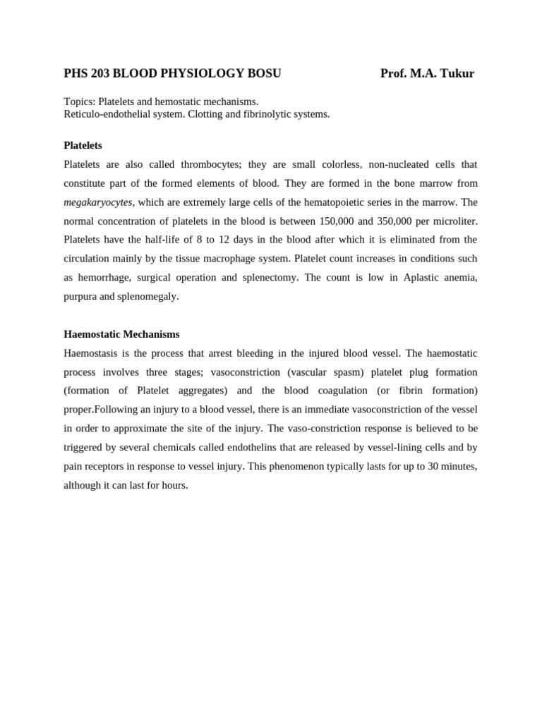 BLOOD PHYSIOLOGY Prof M A Tukur | PDF | Coagulation | Platelet