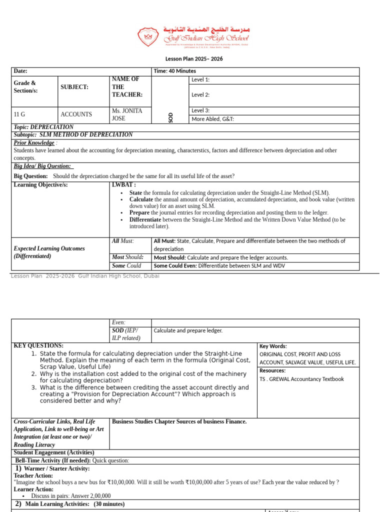 SLM Method of Depreciation Lesson Plan | PDF | Depreciation | Book Value