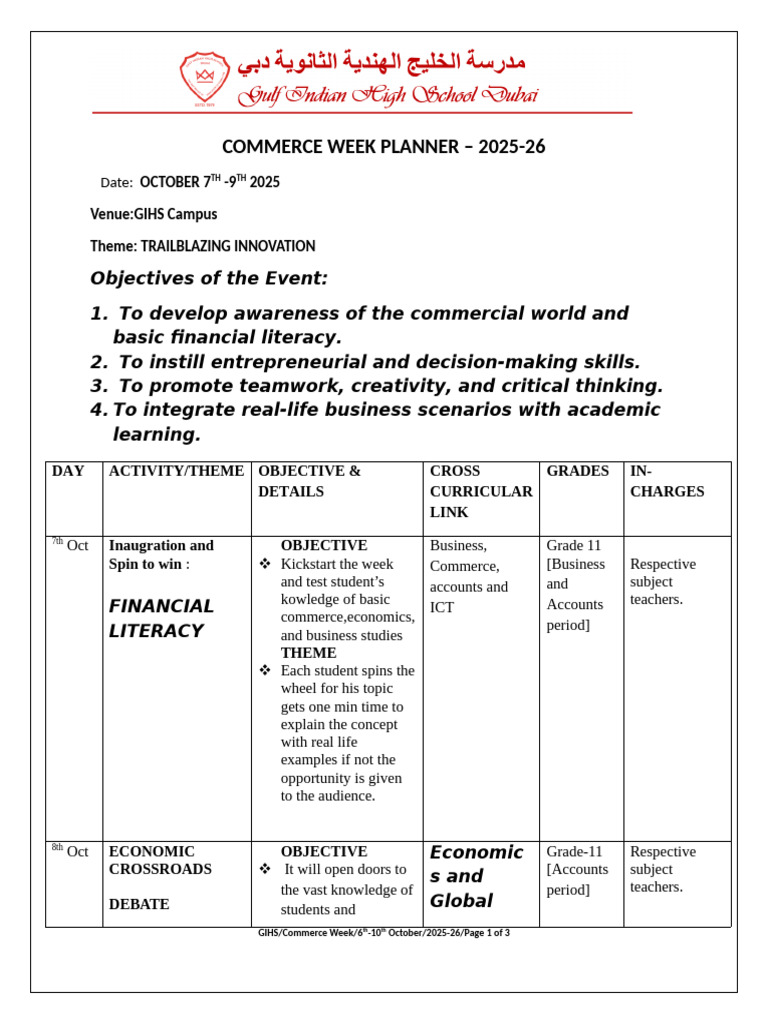 Commerce Actiivty Week Planner 2025-26 | PDF | Cognition | Learning