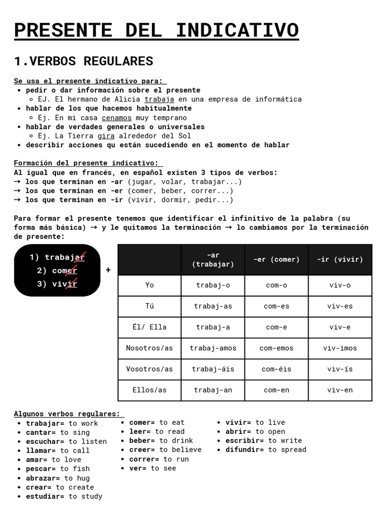 Presente Indicativo: Verbos Regulares en Español | PDF | Lingüística