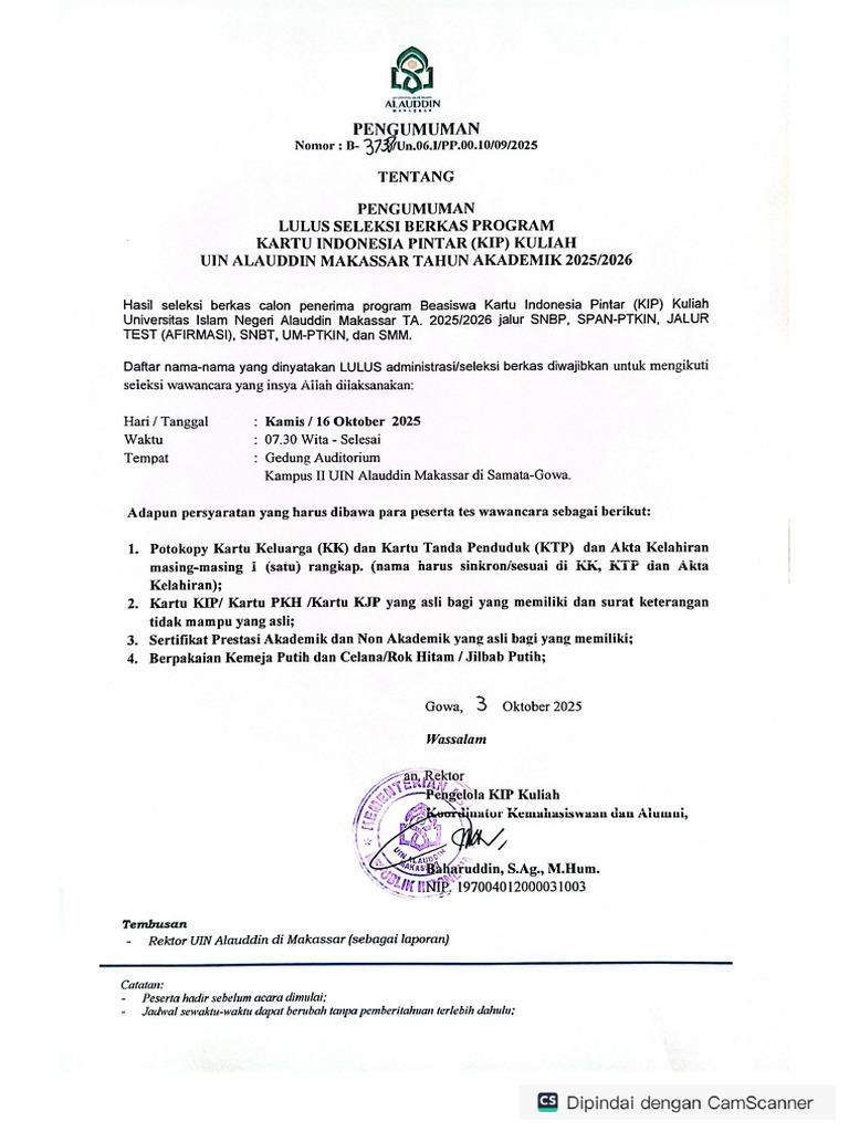 Pengumuman Lolos Seleksi Berkas Kip Kuliah Uin Alauddin Makassar 2025 | PDF