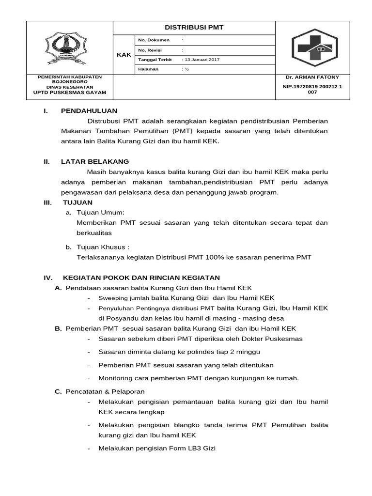 KAK Distribusi PMT Bumil KEK Dan Balita Kurang Gizi | PDF