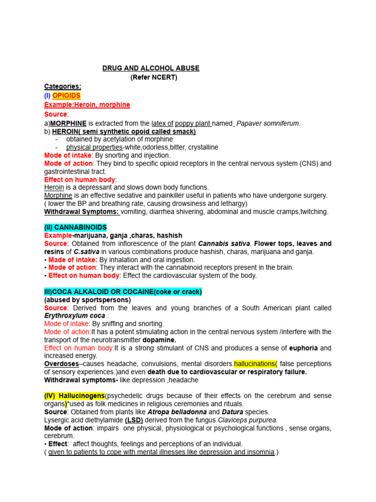 Drug and Alcohol Abuse - Notes | PDF | Morphine | Heroin