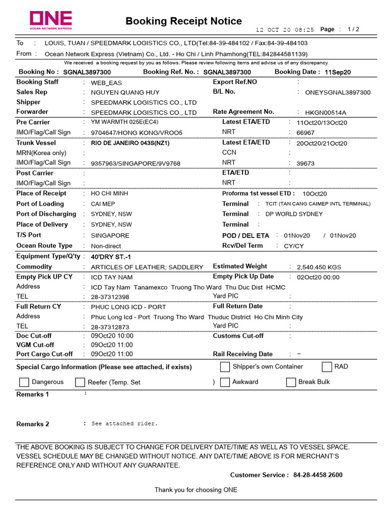 Booking Confirmation SGNAL3897300 | PDF | Shipping | Supply Chain ...