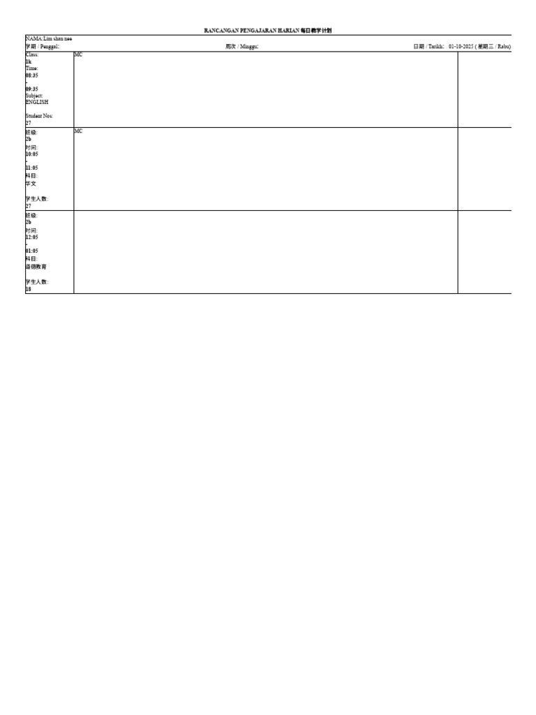 Penggal / Minggu / Tarikh 01-10-2025 (/ Rabu) NAMA:Lim Shan Nee Class ...