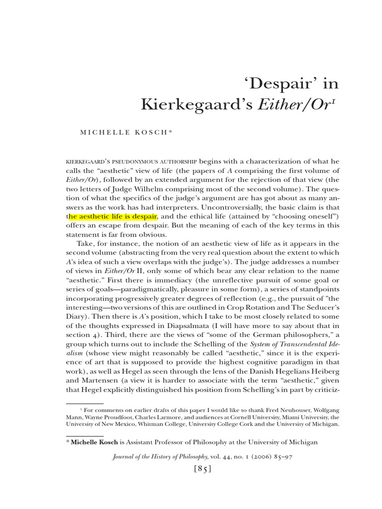 Despair in Kierkegaard's Either/Or | PDF | Søren Kierkegaard | Metaphysics