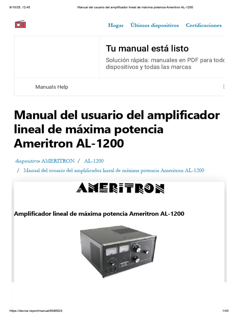 Manual del Ameritron AL-1200 | PDF | Amplificador | Fuente de alimentación