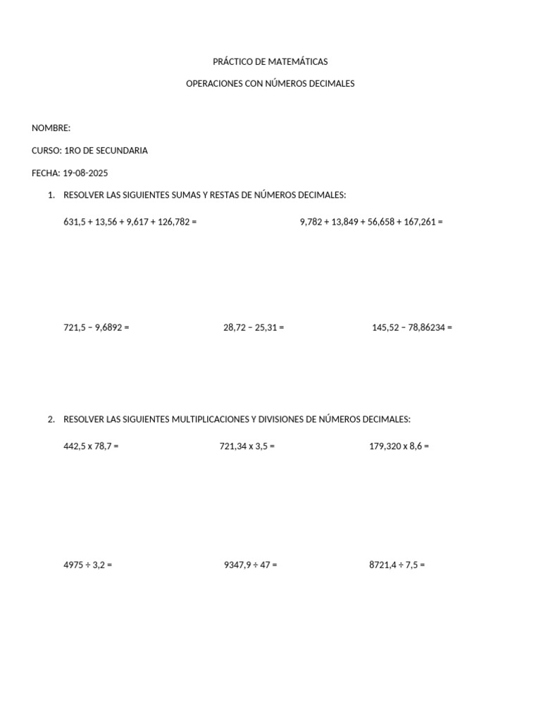 #11 Práctico Operaciones Con Numeros Decimales | PDF