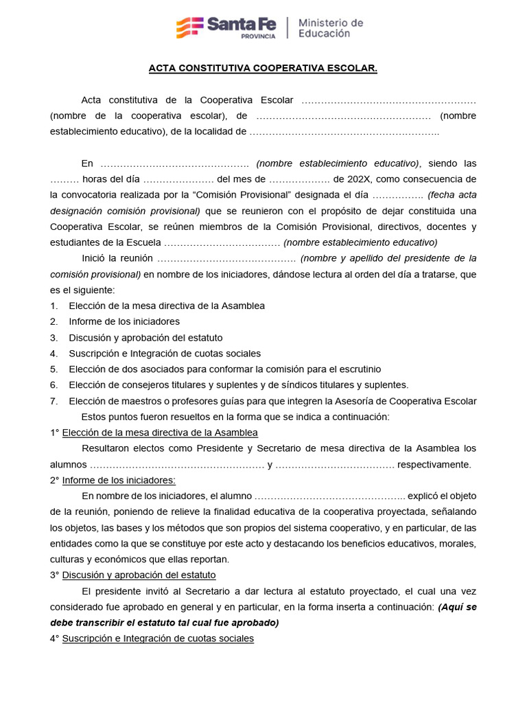 Modelo ACTA CONSTITUTIVA Cooperativa Escolar | PDF | Cooperativa | Gobierno